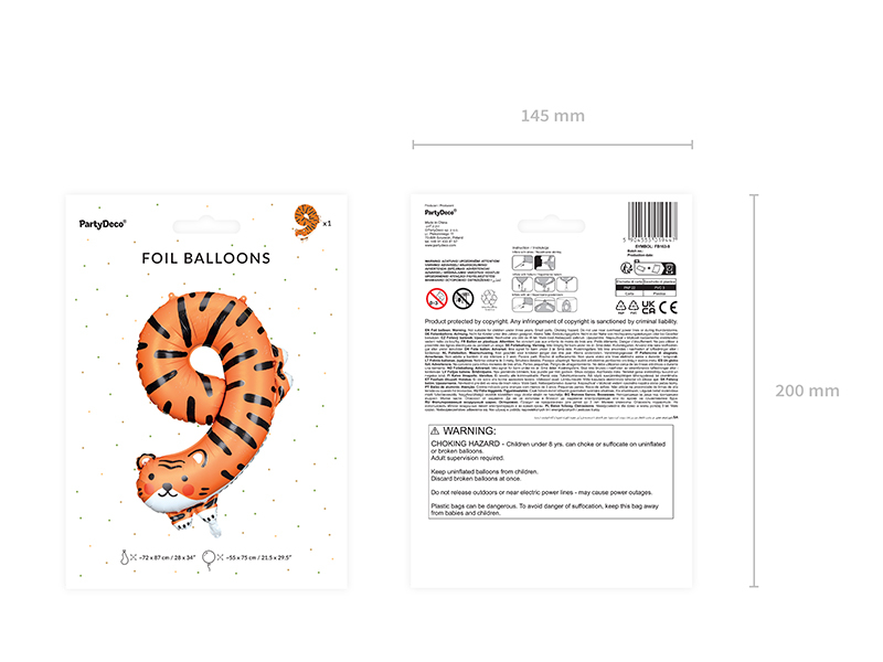 Foil Balloon Number 9 - Tiger, 64x87 cm, mix - Designer decorations and ...