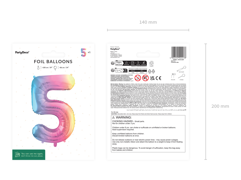 Foil Balloon Number ''5'', 86cm, pastel rainbow - Designer decorations ...