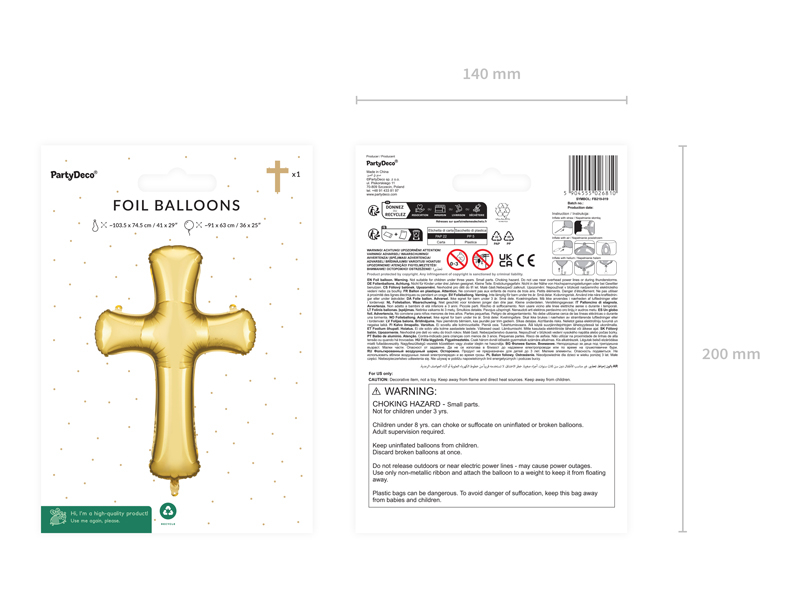 Foil balloon Cross, 103.5x74.5 cm, gold - Designer decorations and ...