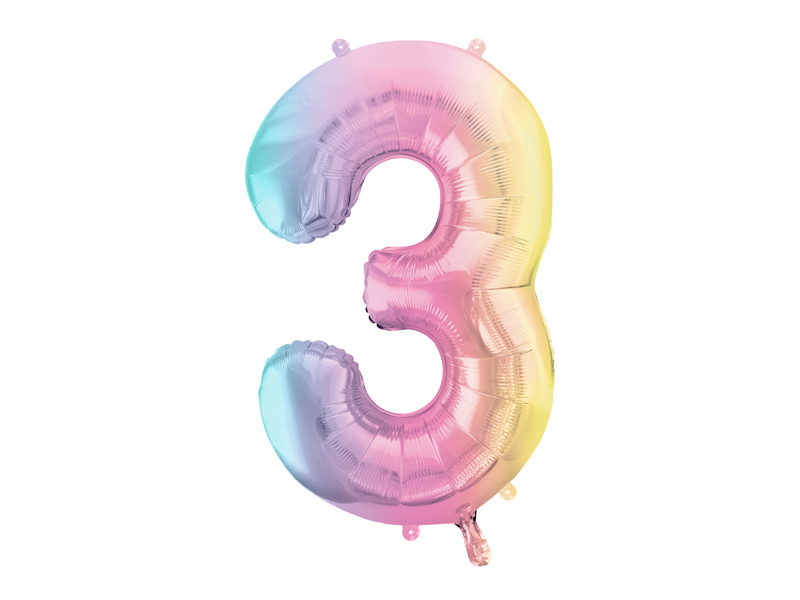 Foil Balloon Number ''3'', 86cm, pastel rainbow - Designer decorations ...